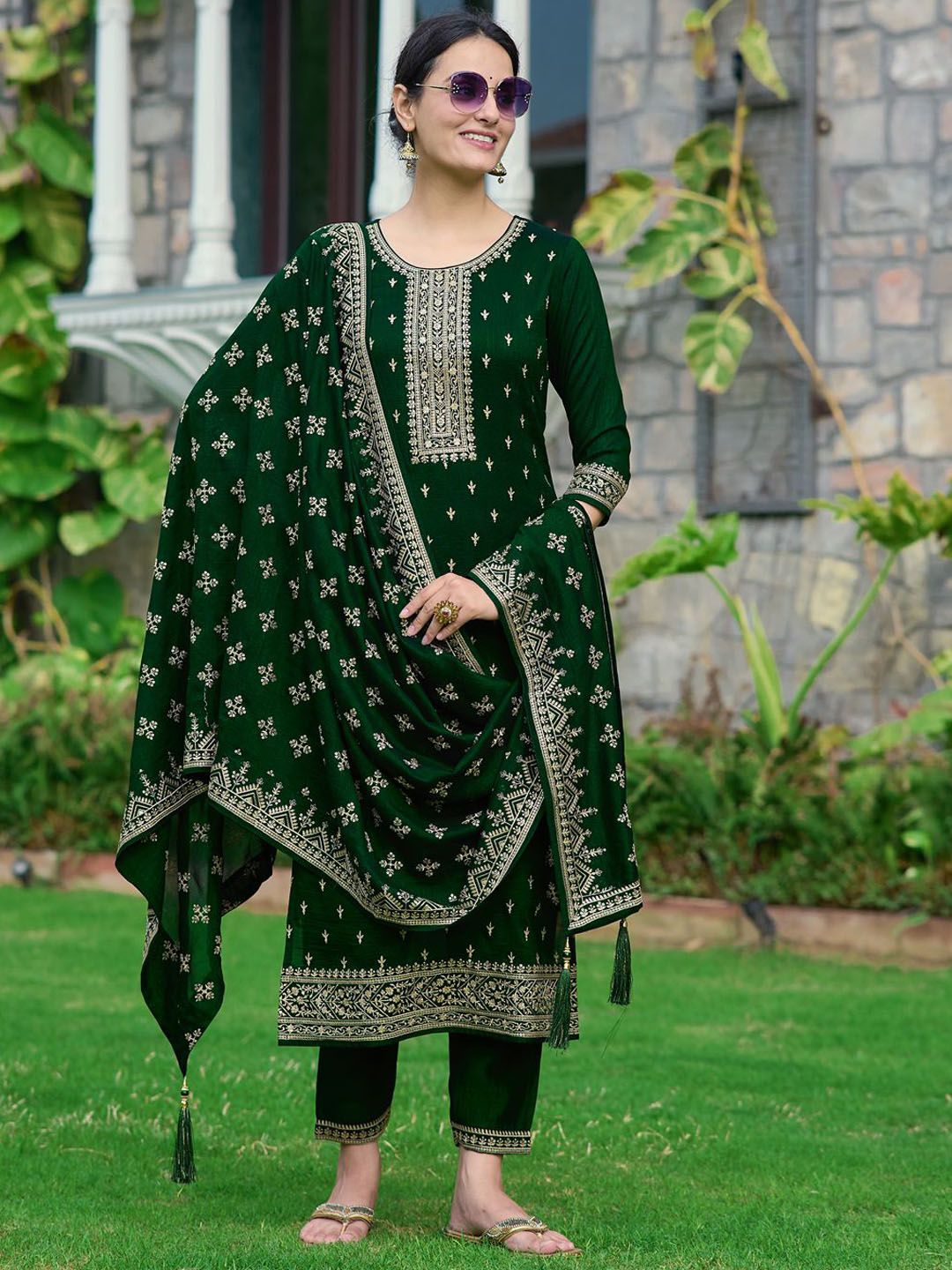 Ethnic Motifs Embroidered Sequinned Straight Kurta with Trousers & Dup ...