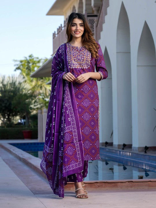 Ethnic Motifs Printed Embroidered Pure Cotton Kurta with Trousers & Du ...